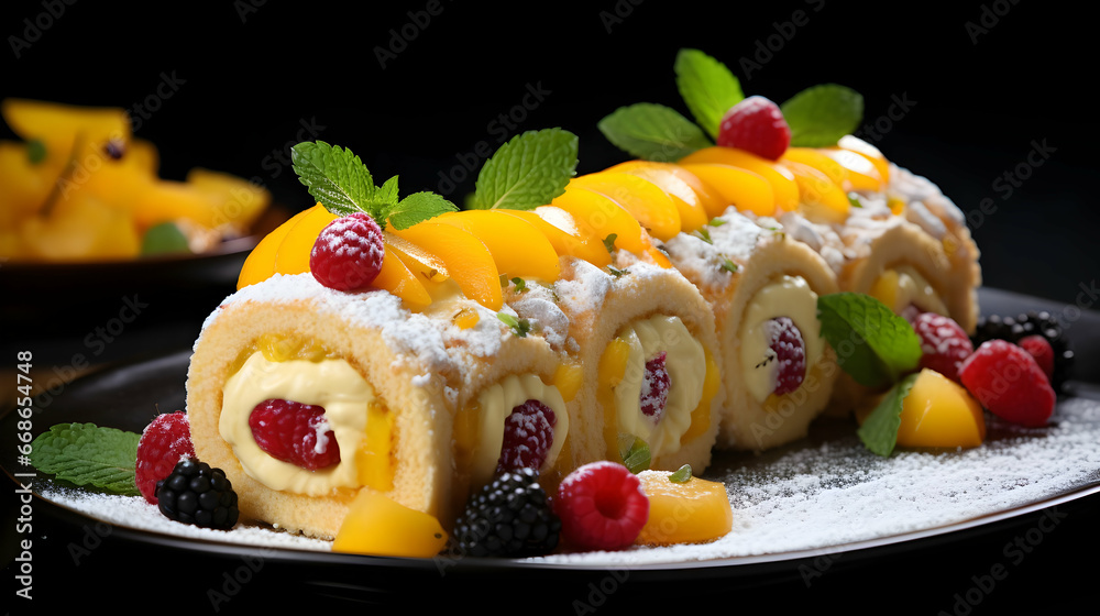 Delicious mango swiss roulade made of citrus fruit. Swiss roll with ...