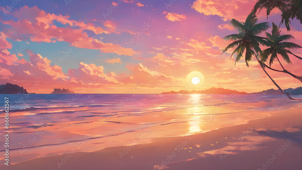 Golden Hour by the Beach: A Beautiful 2D Illustration of a Sunset with ...