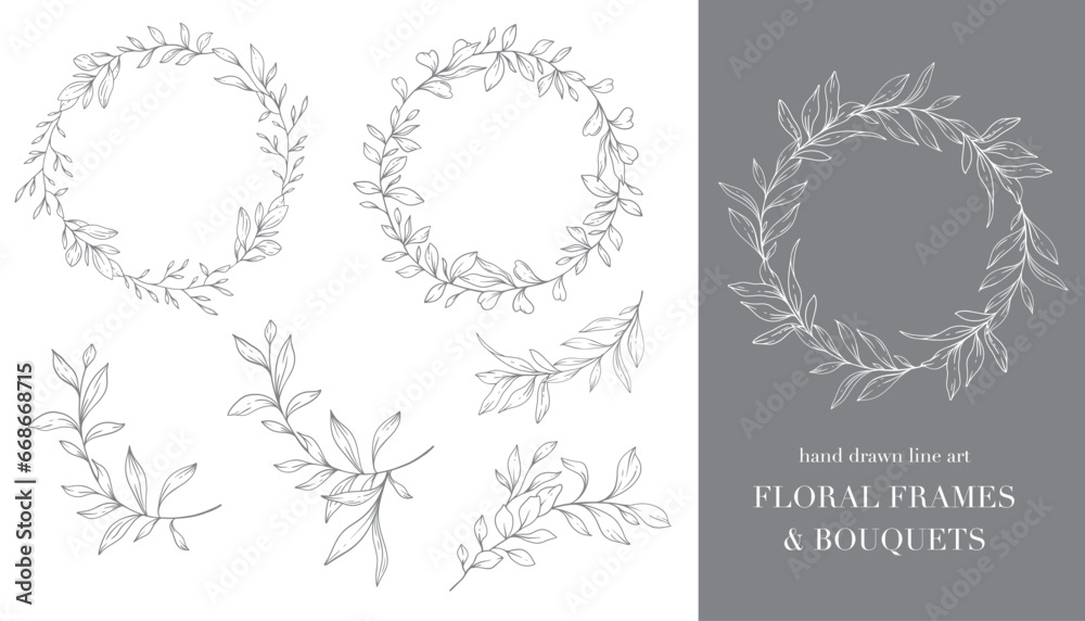 Greenery Line Art. Floral Frames and Bouquets Line Art. Fine Line ...