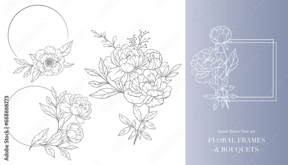 Peony Flower Line Art. Floral Frames and Bouquets Line Art. Fine Line ...