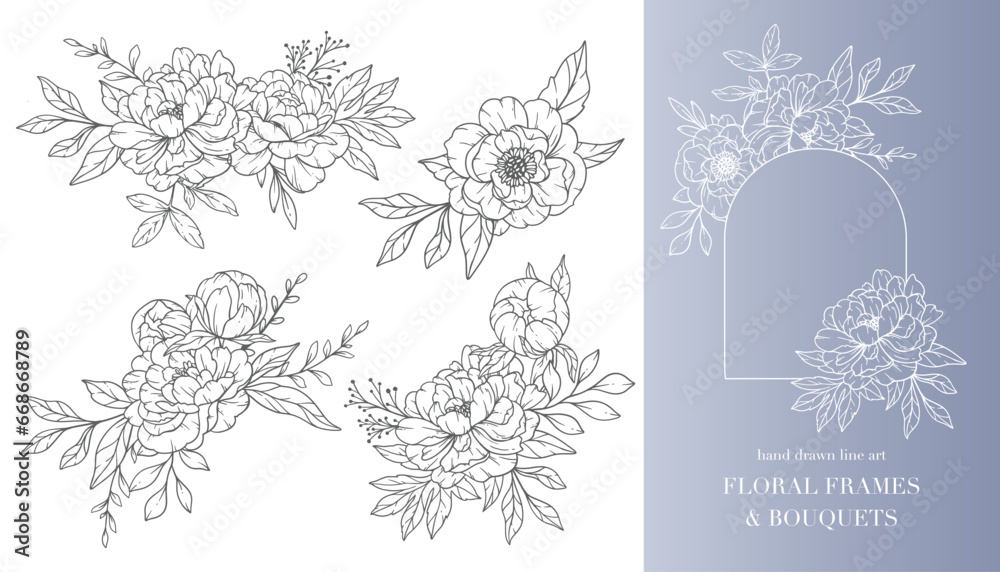 Peony Flower Line Art. Floral Frames and Bouquets Line Art. Fine Line ...