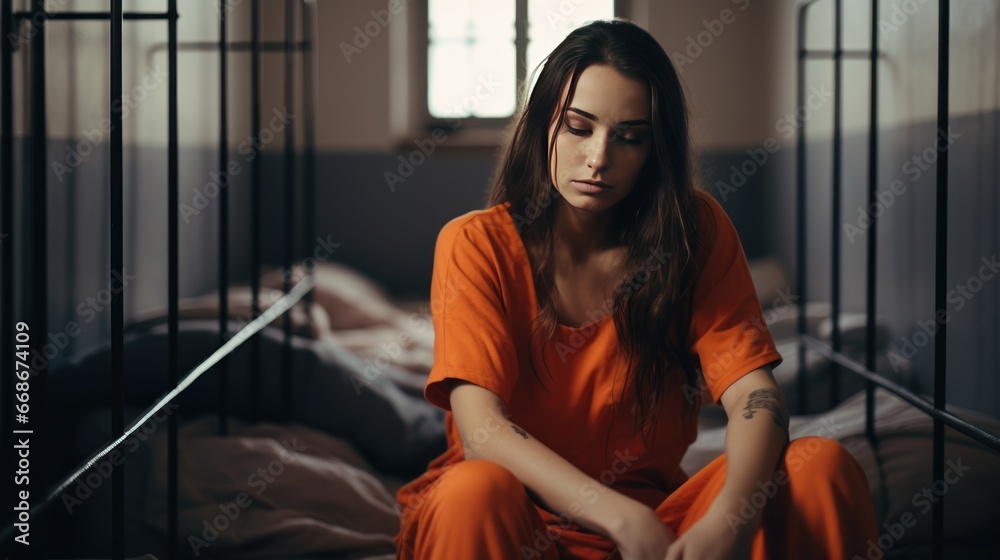A female prisoner in an orange uniform sits depressed on the bed ...
