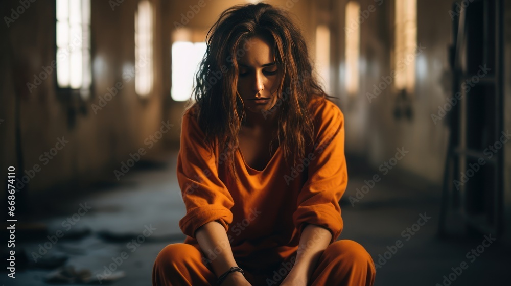 A female prisoner in an orange uniform sits depressed on the bed ...