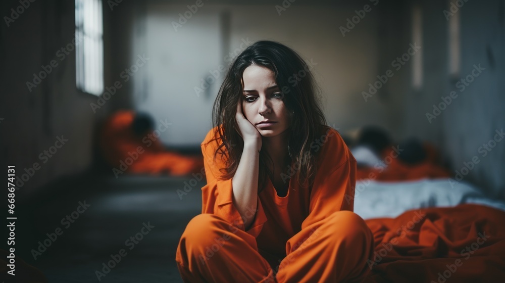A female prisoner in an orange uniform sits depressed on the bed ...