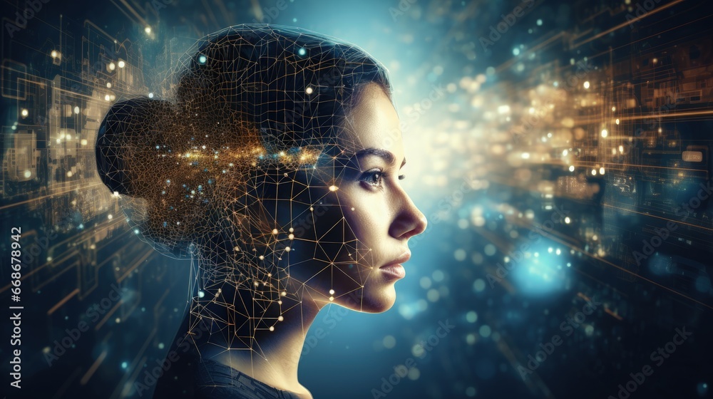 double exposure image of virtual human 3dillustration on world map and ...