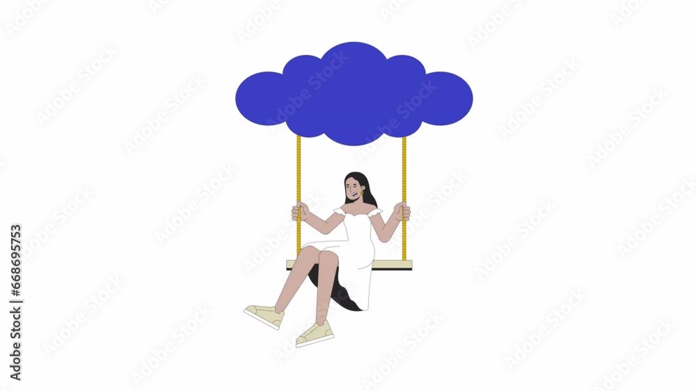 Happy girl rides on swing hanging from cloud line 2D animation ...