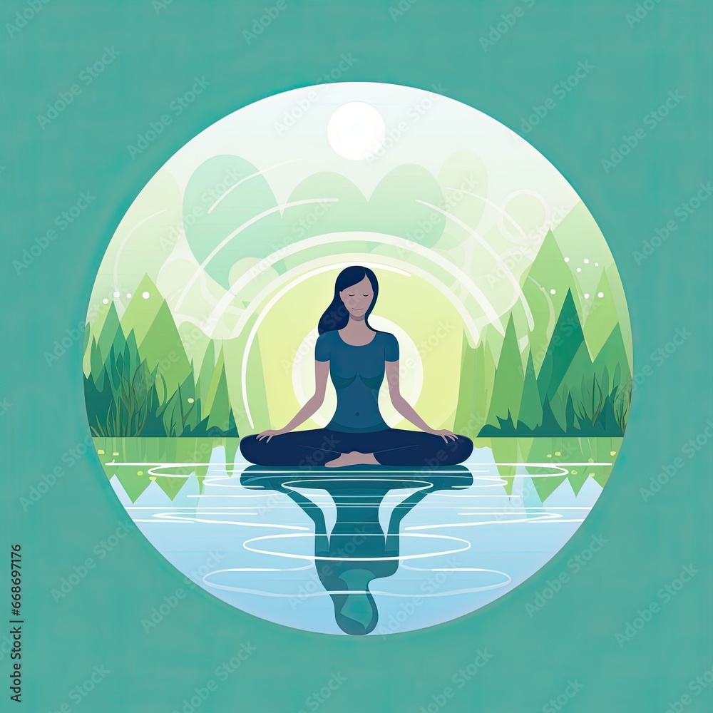 Flat illustration of a happy woman staying in zen, nirvana. An ...