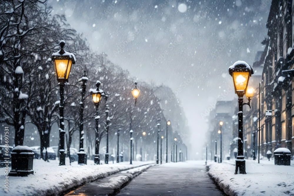 street lights glowing the way onwards in the heavy snow fall with white ...