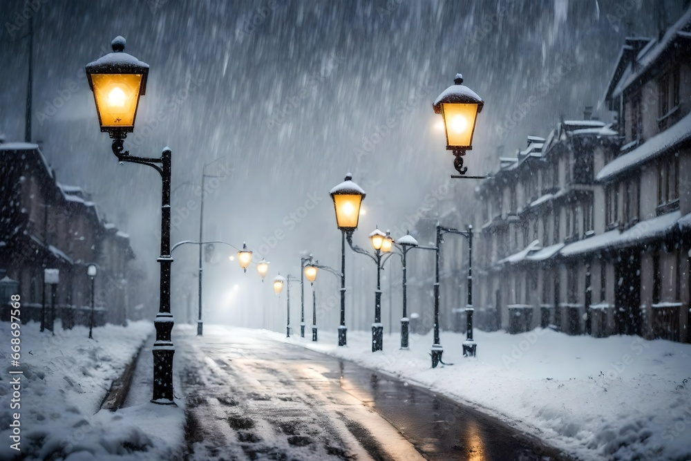 street lights glowing the way onwards in the heavy snow fall with white ...