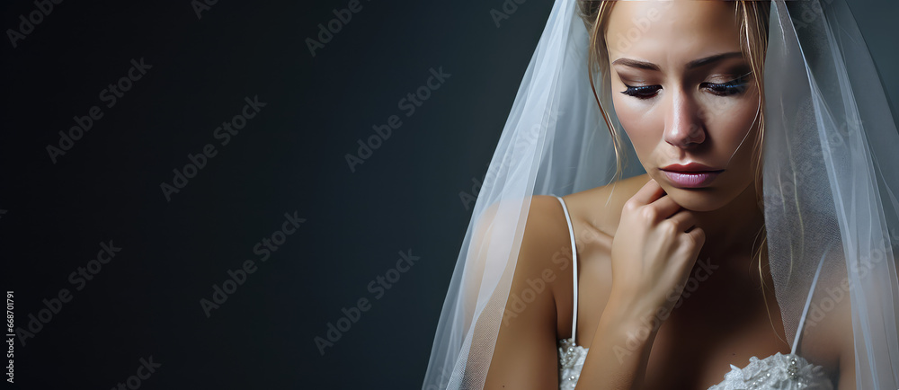 Sad bride in a white wedding dress. Unhappy young woman, failed ...