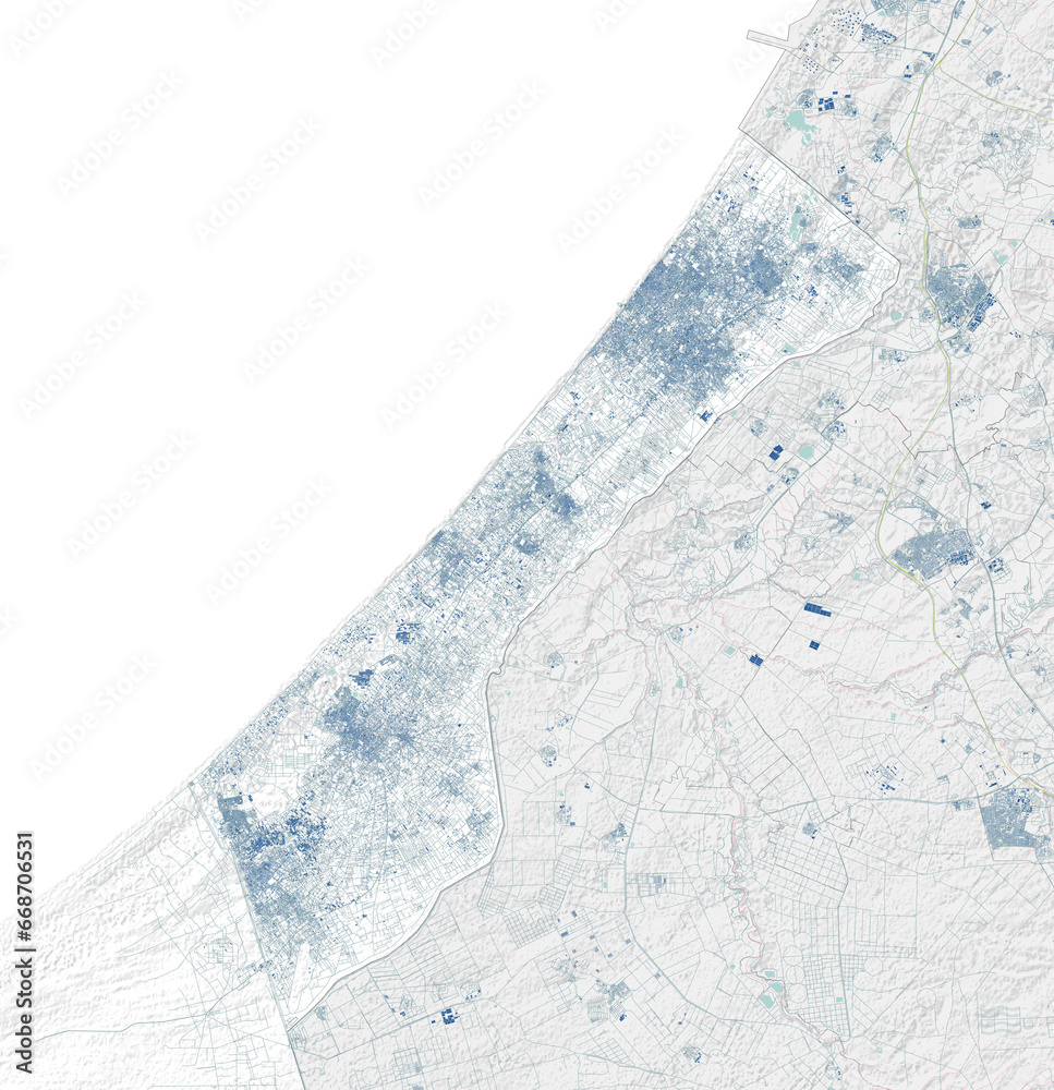 Satellite view of the Gaza Strip. Streets housing and borders of the ...