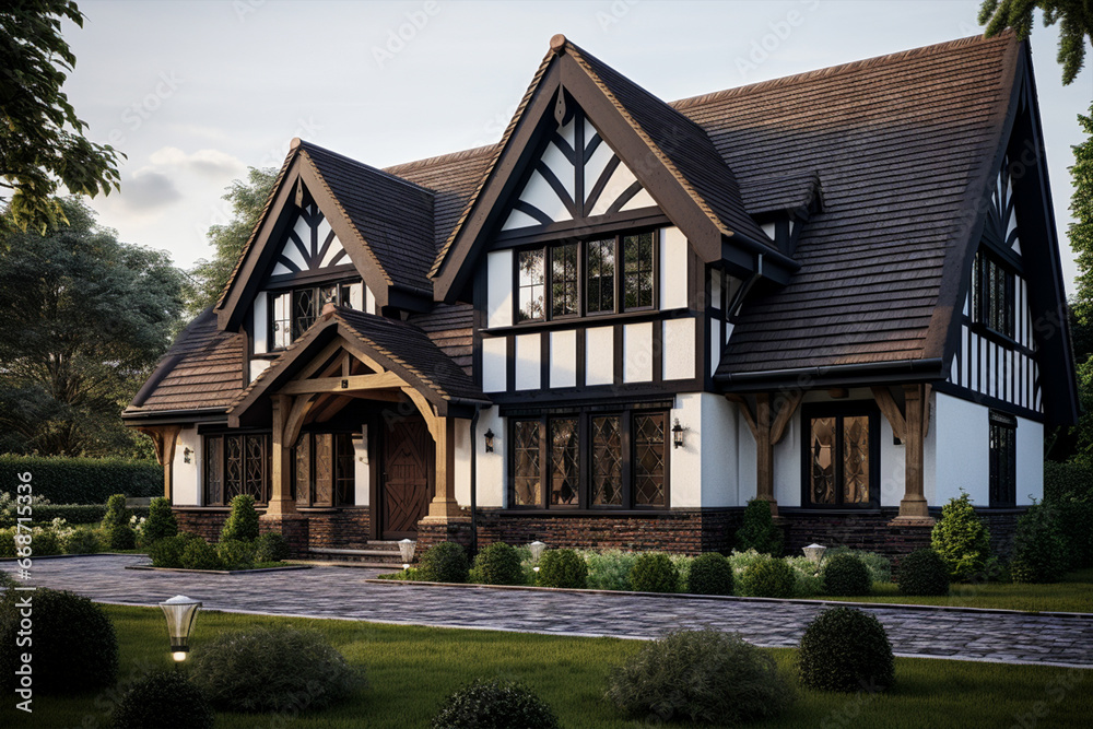 Landscape design of Tudor style house with gable roof and front garden ...