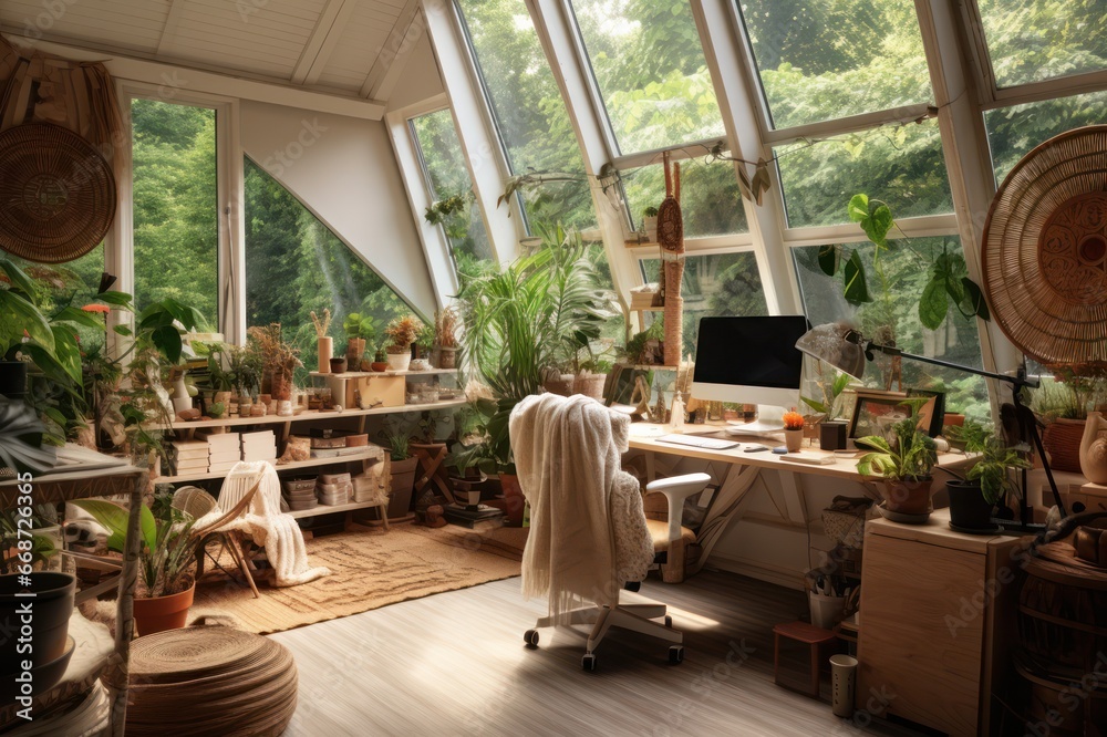 eco boho style home office interior space with computer, macrame ...