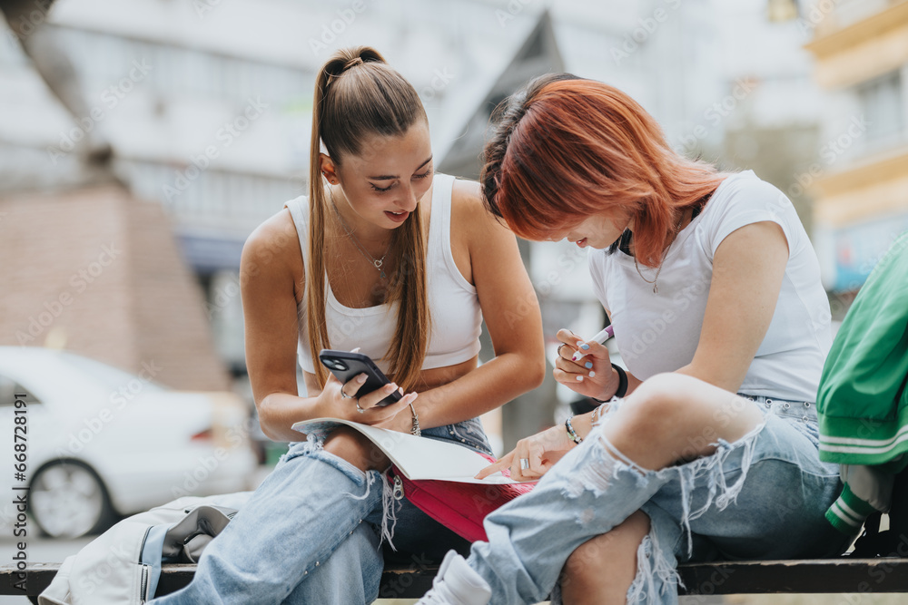 Two casually dressed high school girls study outdoors, discussing and helping each other with ...