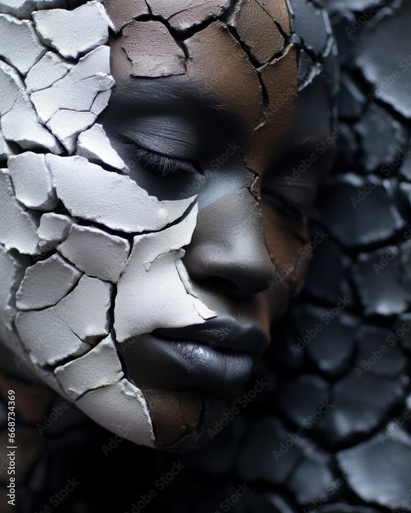 A woman with cracked skin and paint on her face is depicted in the ...