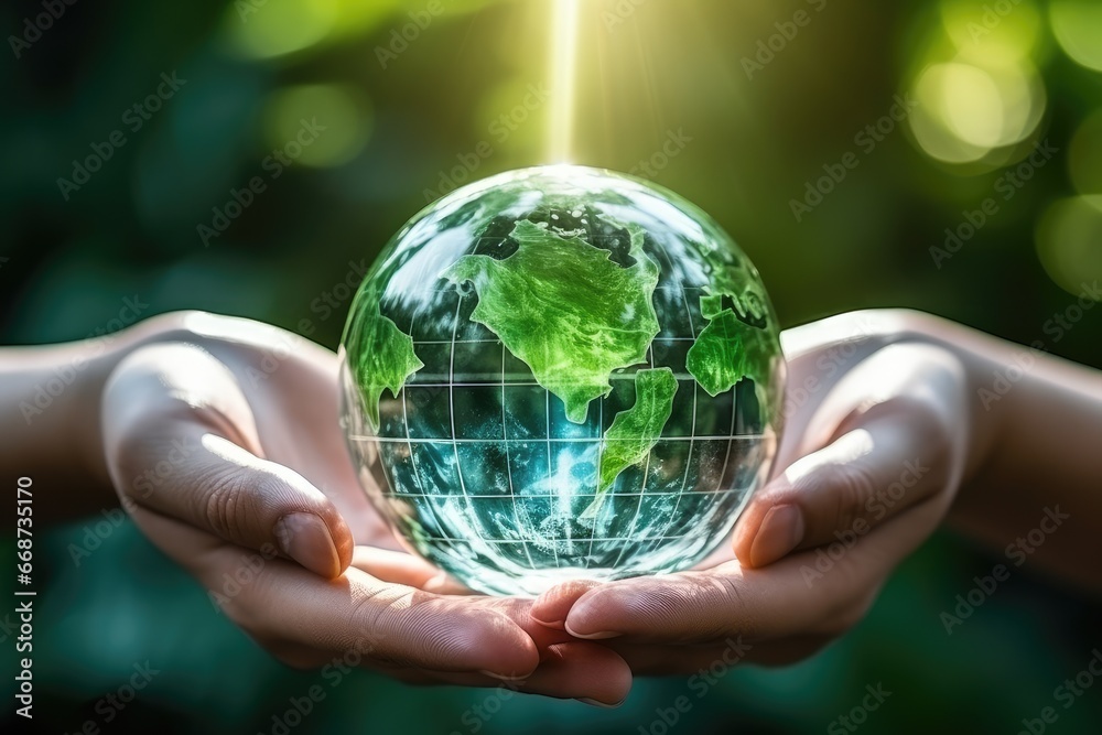 Hands holding glass globe world In green forest with warm sunlight ...