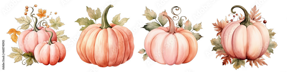 Set of hand drawn watercolor vintage pink pumpkin patch isolated on ...