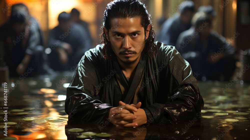 Asian warrior with a katana. Portrait of male samurai. Concept ...