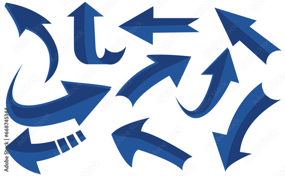 Collection of different blue arrows on white background. Arrow in 3d ...