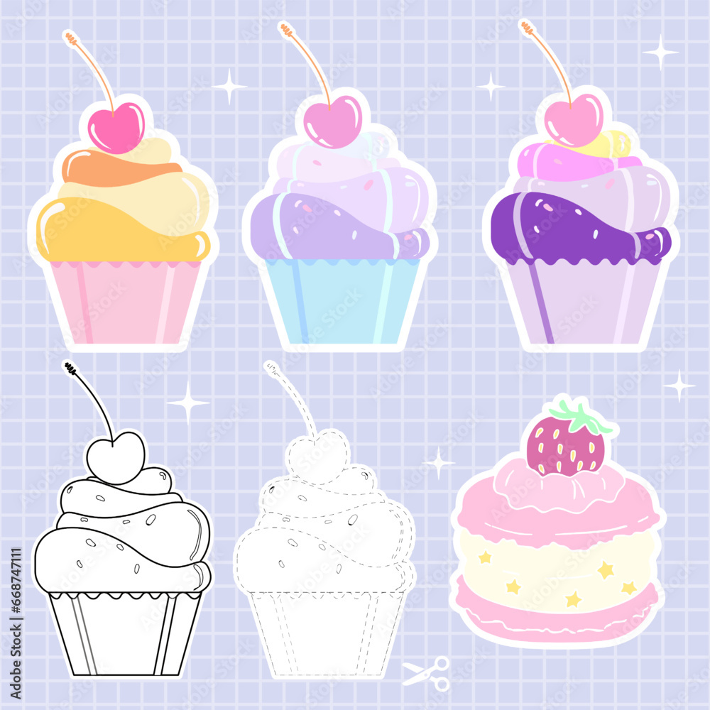 Cute kids activities worksheets preschool game basic cupcake stickers ...