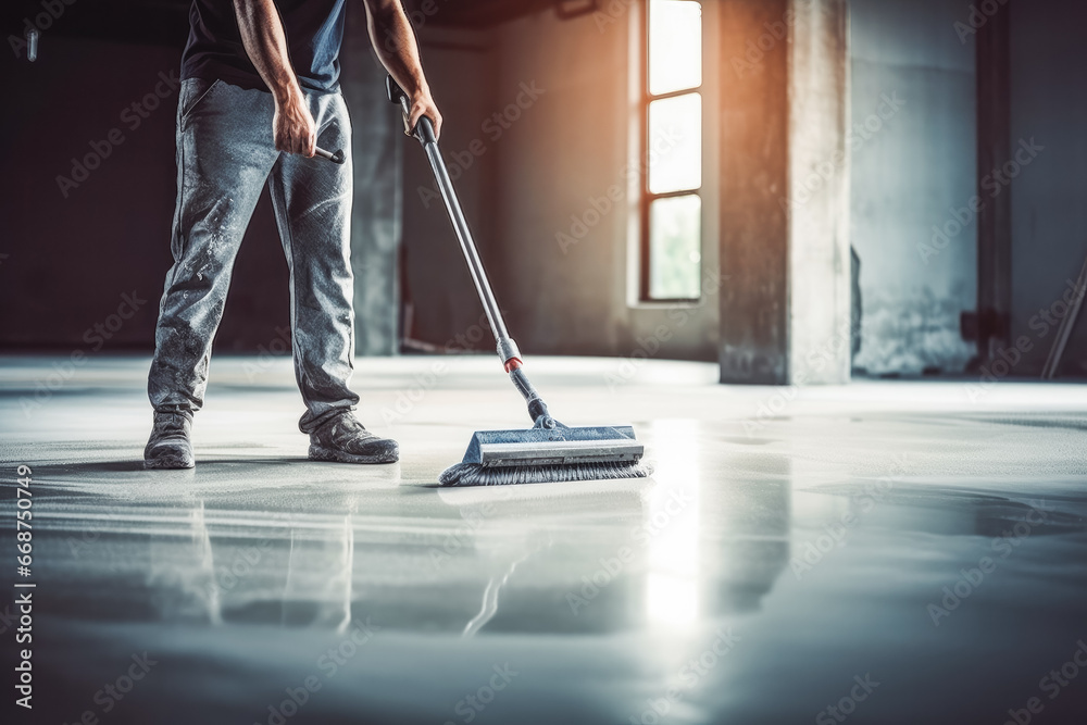 Master with needle roller for new concrete. Road worker using equipment ...