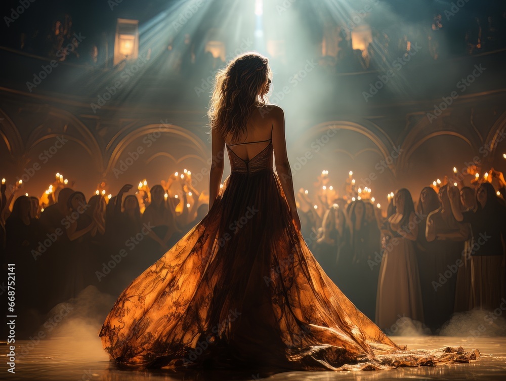 Fictional woman artist in dress struts down fashion model catwalk AI ...