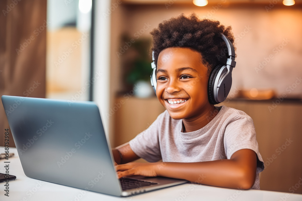 Smiling african american school boy studying online. Young black boy ...