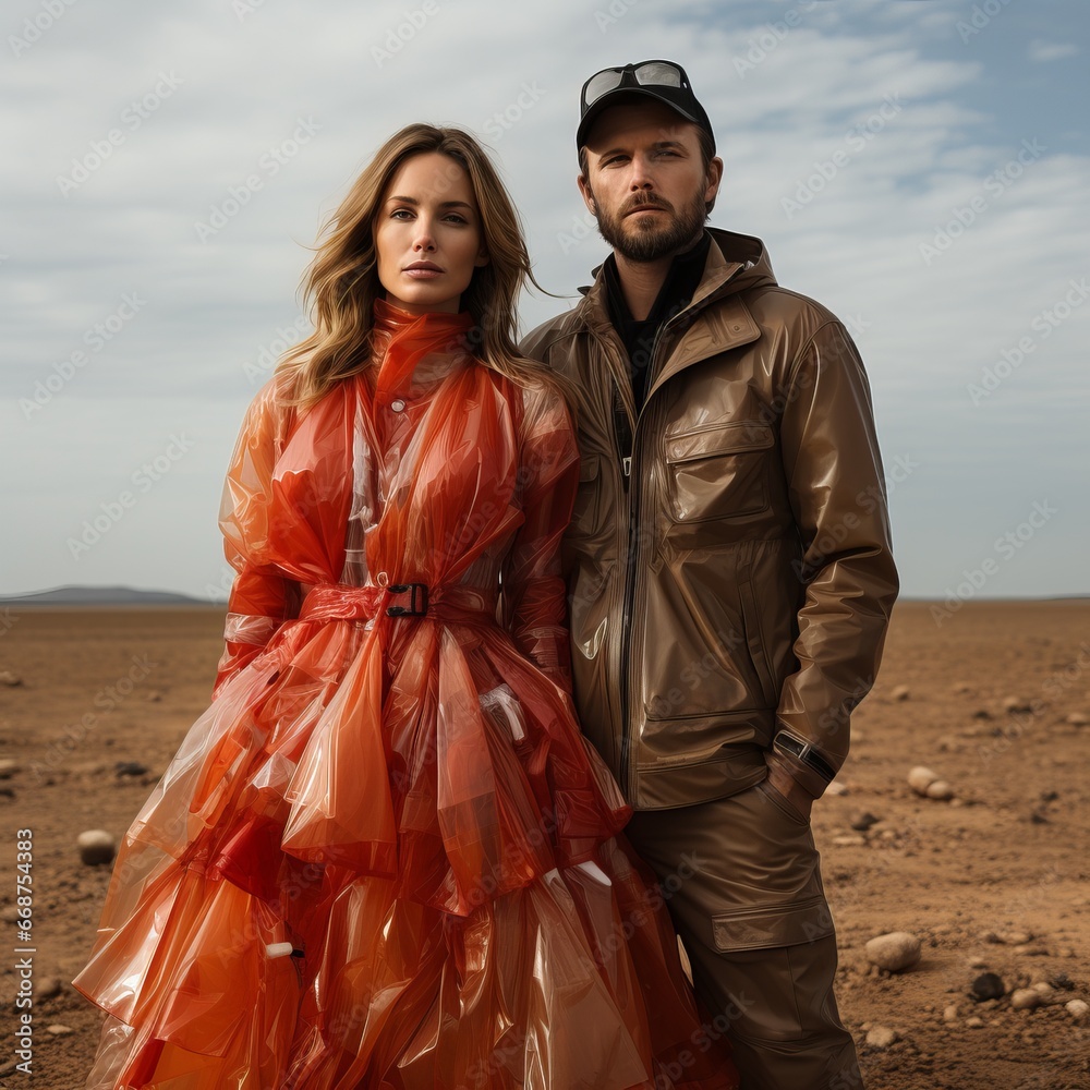 Models pose in clothes made from recycled plastic. Concept: Caring for ...