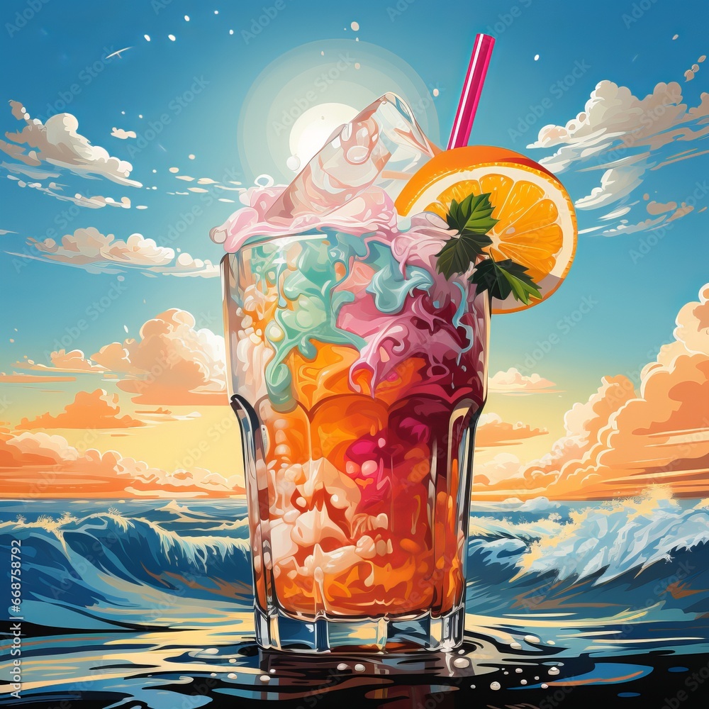 Hand drawn illustration of colorful frozen ice juice drink. Sweet and ...