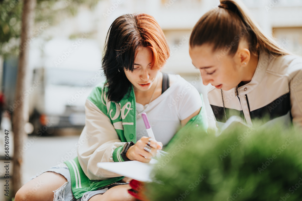 Gorgeous high school girls, casually dressed, studying outdoors. They ...