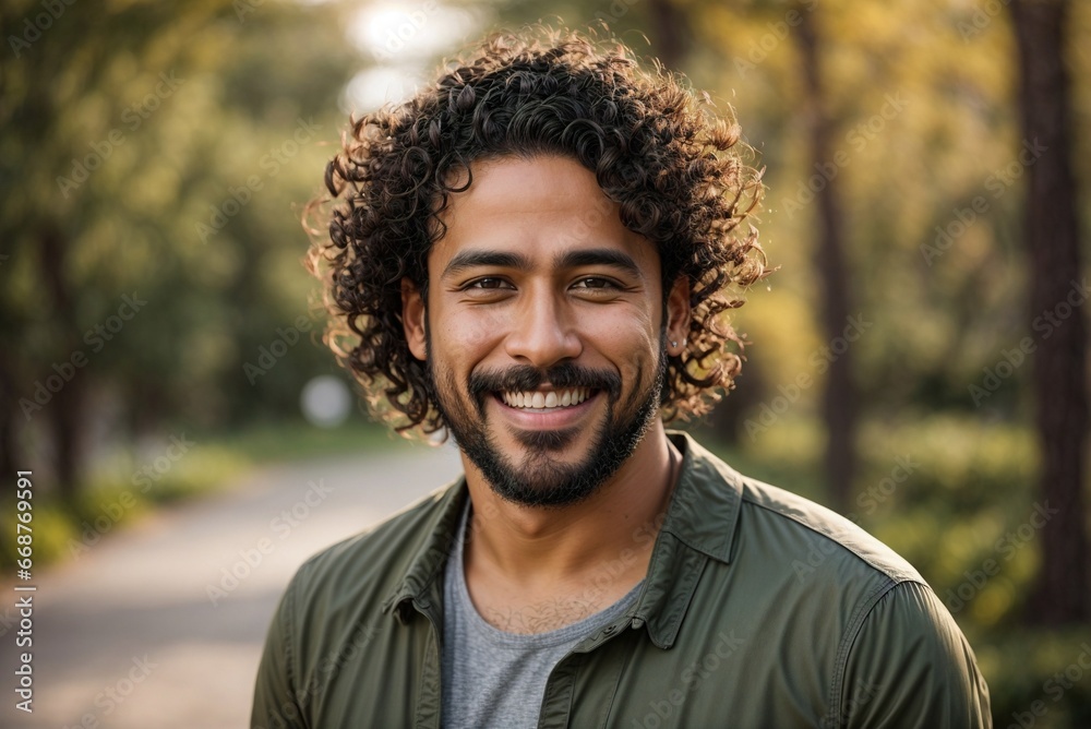 Happy Spanish Man with Curly Hair Smiling in the Park with Nature ...