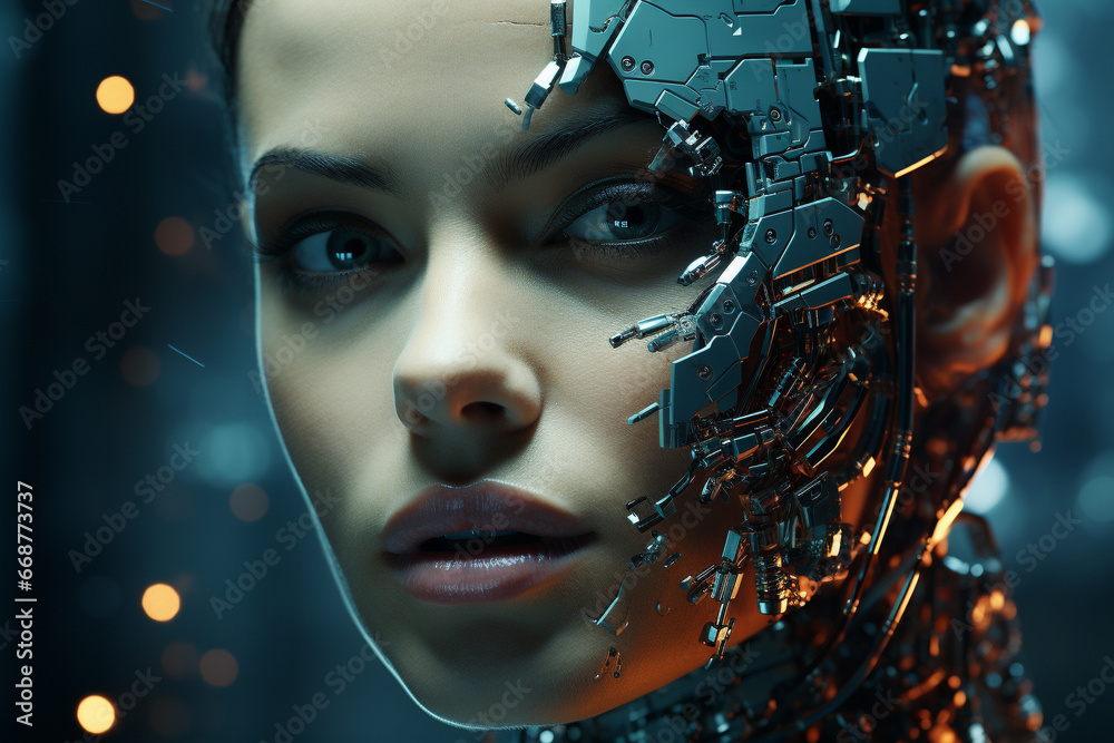 A futuristic metaverse concept merging female faces with AI robotics ...