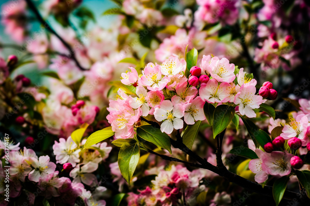 Natures Reawakening, Watercolor depiction of a blossoming tree, a vivid ...