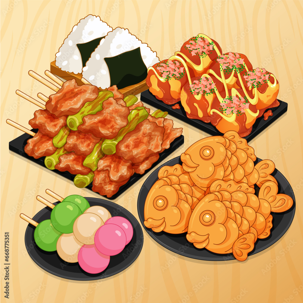 Japanese street food set menu illustration vector. (Taiyaki, Dango ...