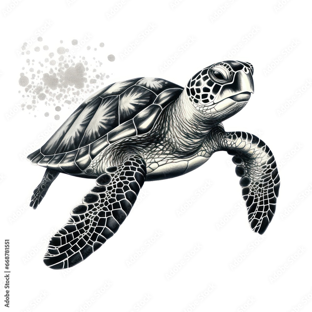 Hawksbill Turtle Engraving with 1800s Style Illustration on White ...