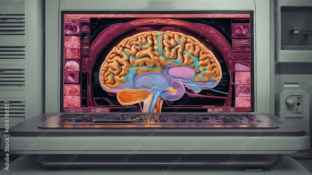 An MRI brain scan with a cross-sectional view. The MRI brain scan shows ...