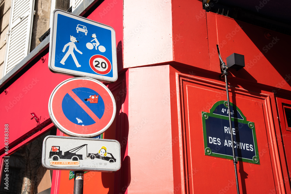 Paris, France. Funny road signs in Marais district. Urban street art ...