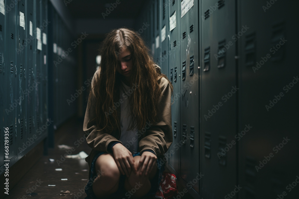 a detailed photo the photograph shows distressed teen girl, suffering ...