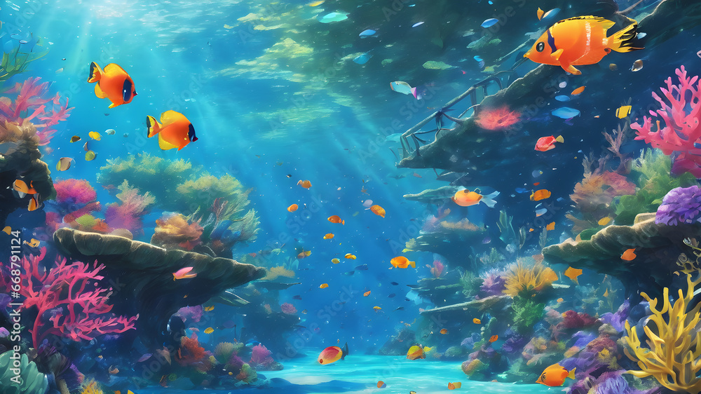 Underwater Blue A 2D Illustration Creating a Marine Background with ...