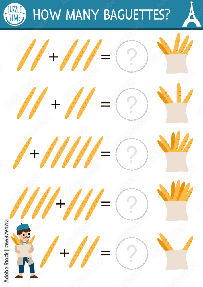 How many baguettes game. French traditional pastry math addition ...