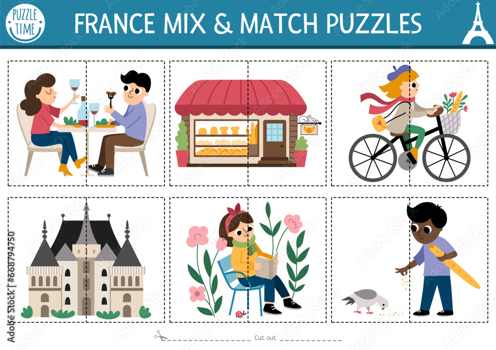 Vector France mix and match puzzle with cute characters, bakery, castle ...