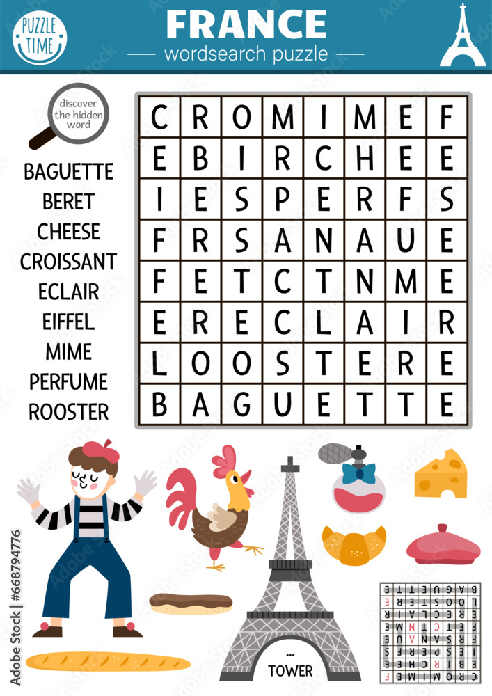 Vector France word search puzzle for kids. Simple French word search ...