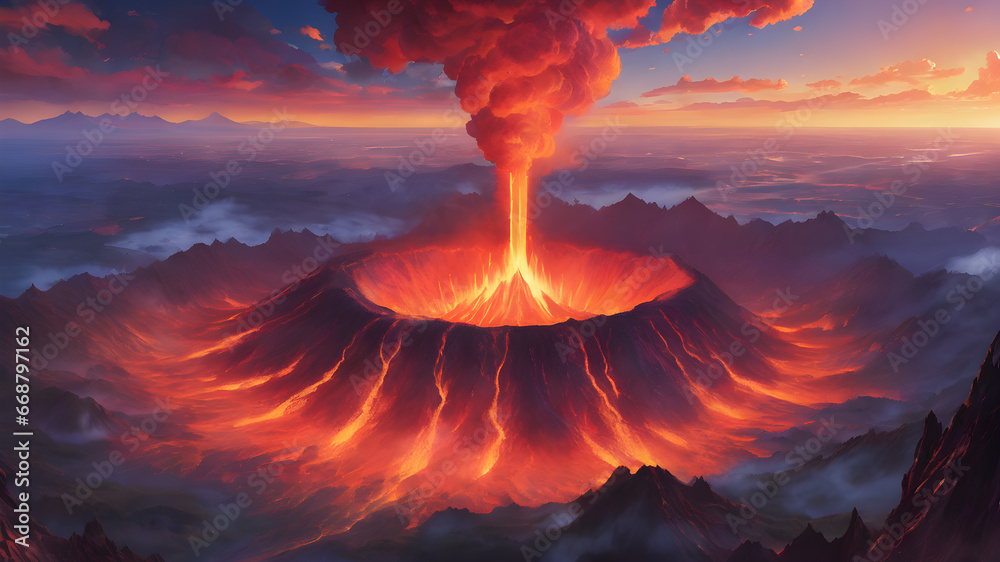 Volcanic Inferno in 2D: An Illustration of a Mountain Erupting with ...