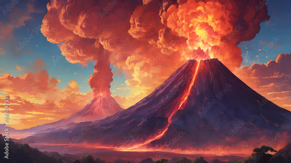 Volcanic Eruption in 2D: An Illustration of a Mountain Exploding with ...