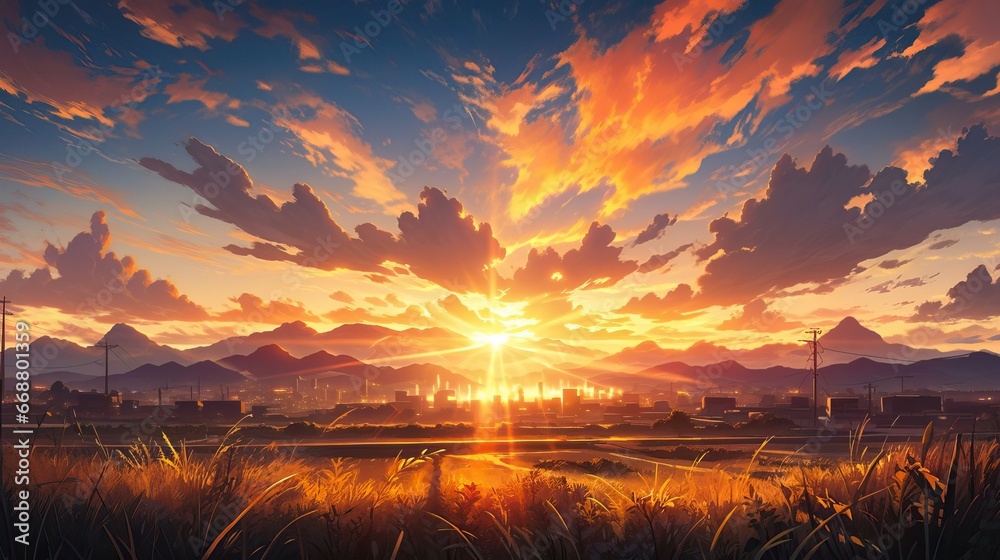 Anime style sunset in nature, bright sky with clouds, field and flowers ...