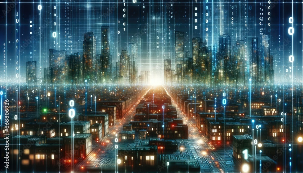 Digital rain cascades over a futuristic city, where luminous ...