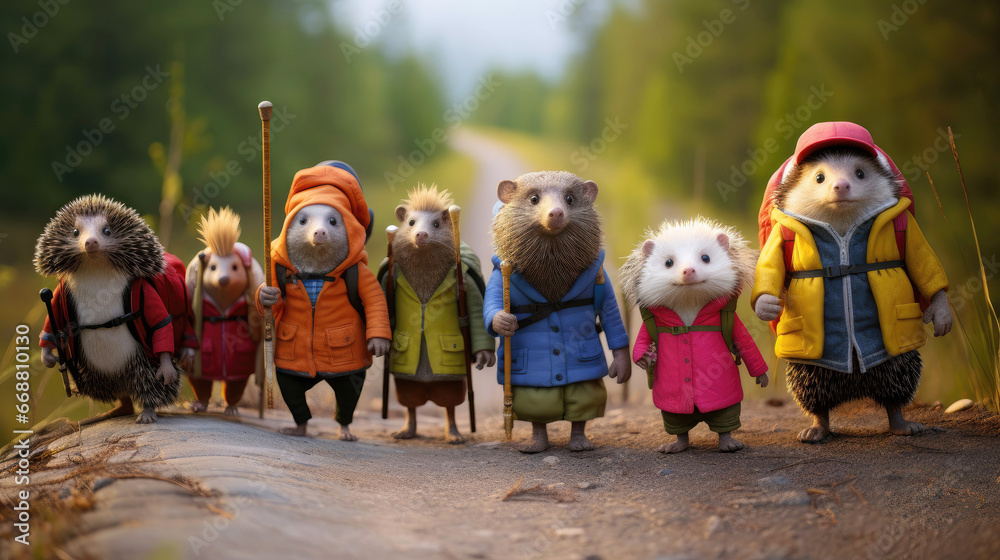 Cute quirky hedgehog family group as hiking club in nature Stock ...