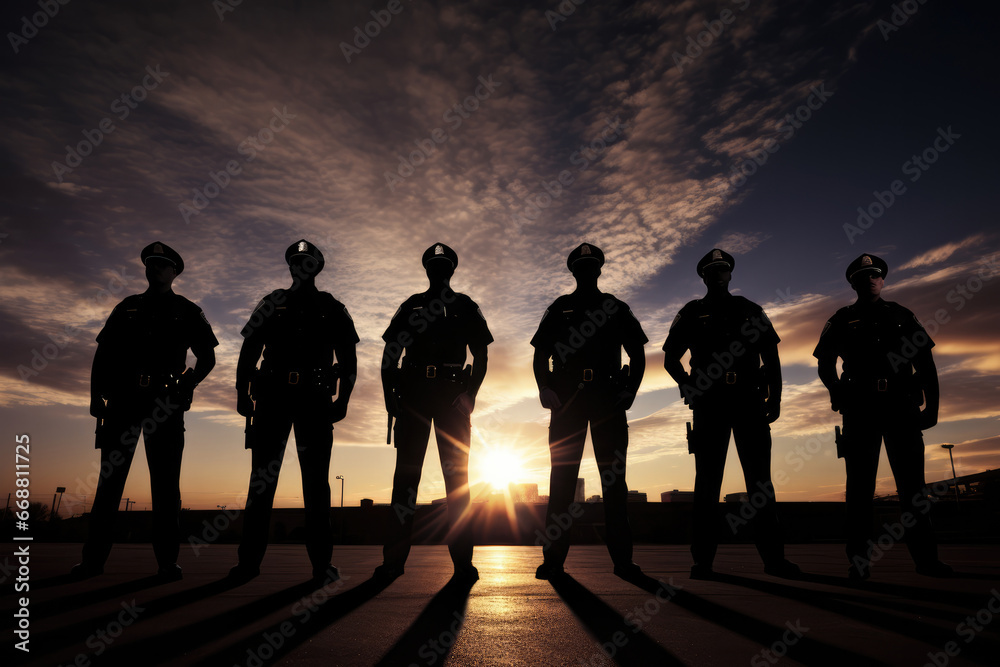 Group Of Police Officers Represented By Sunset Silhouette Stock Photo ...