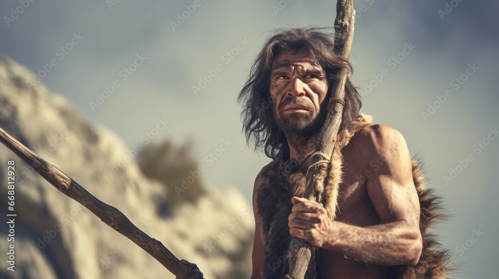 Paleolithic Homo Sapiens used spears to understand Evolution. Stock ...