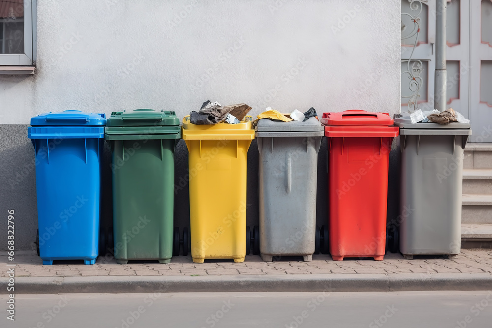 six garbage containers for separate sorting of different types of trash ...